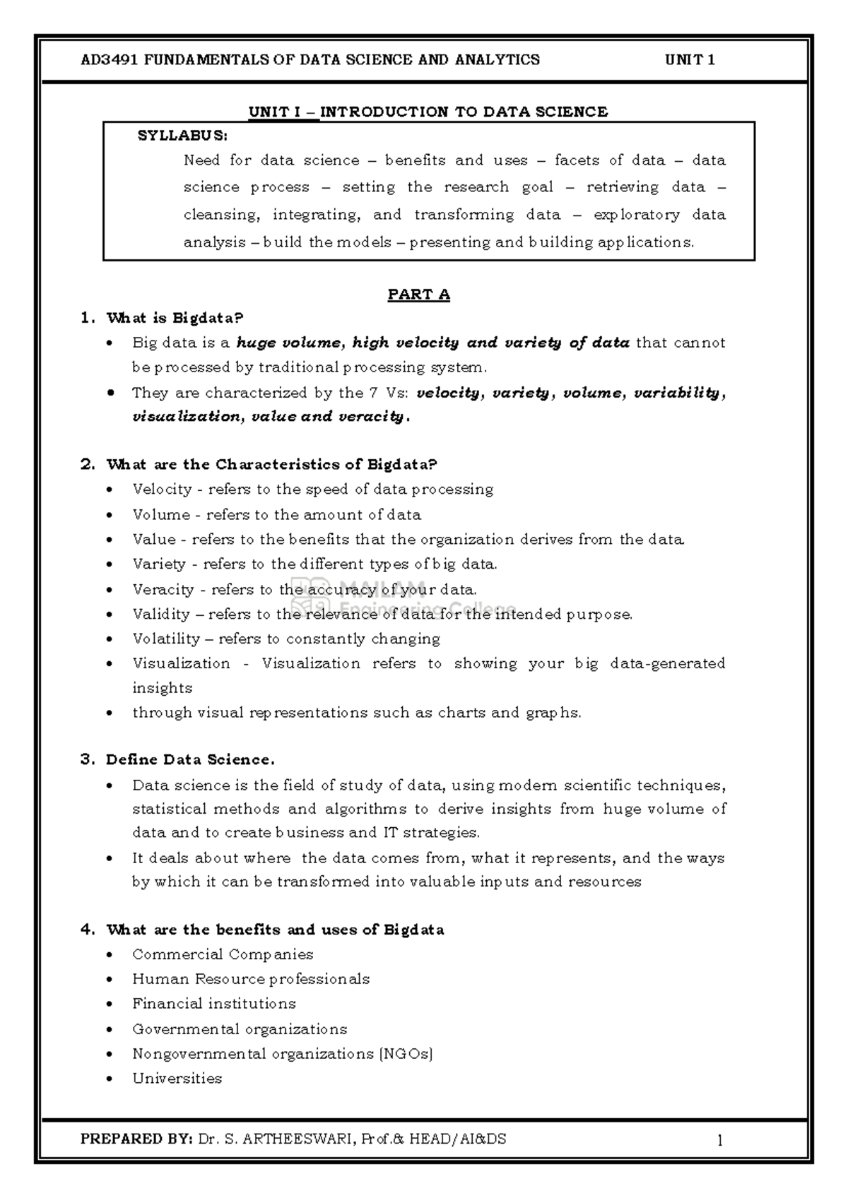 FDSA UNIT 1 - AIDS Sem 4 - UNIT I – INTRODUCTION TO DATA SCIENCE SYLLABUS: Need for data science ...