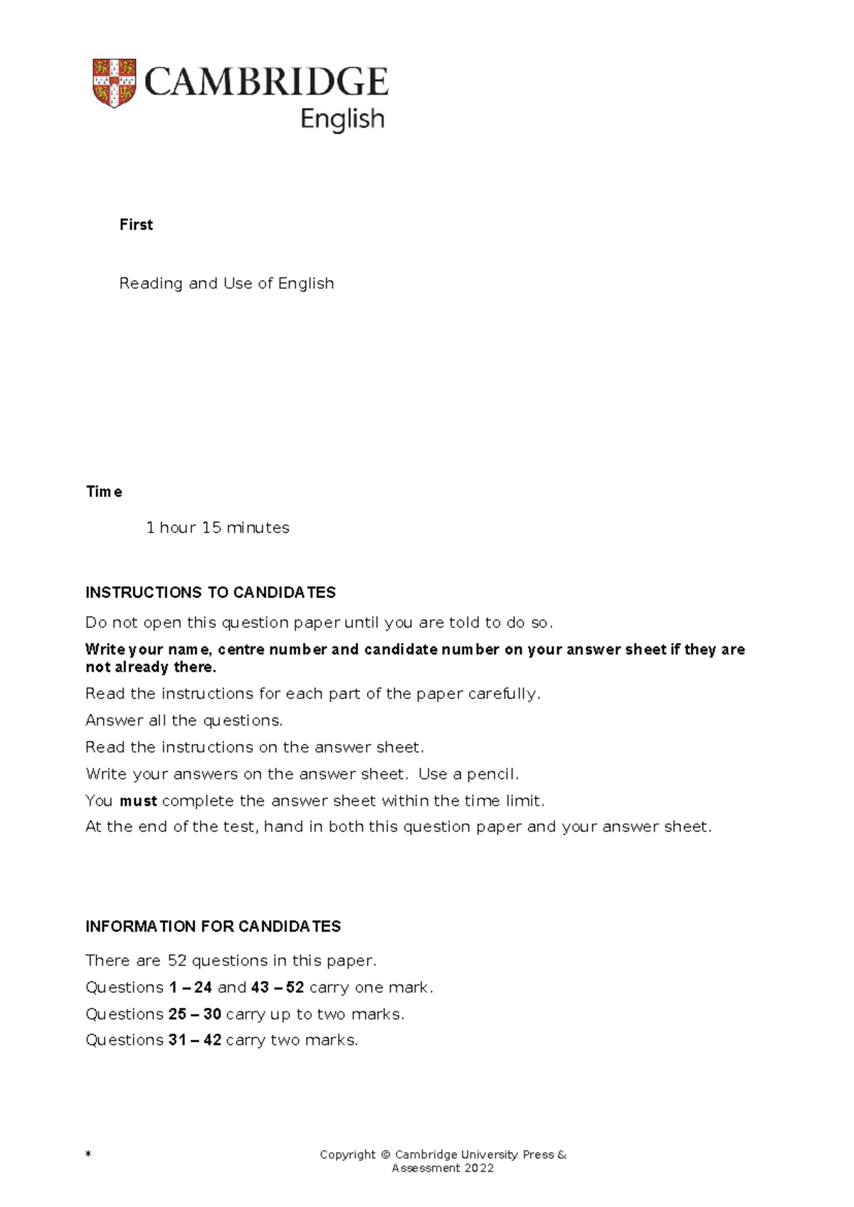 B2 Cambridge EXAM USE OF English - First Reading and Use of English ...