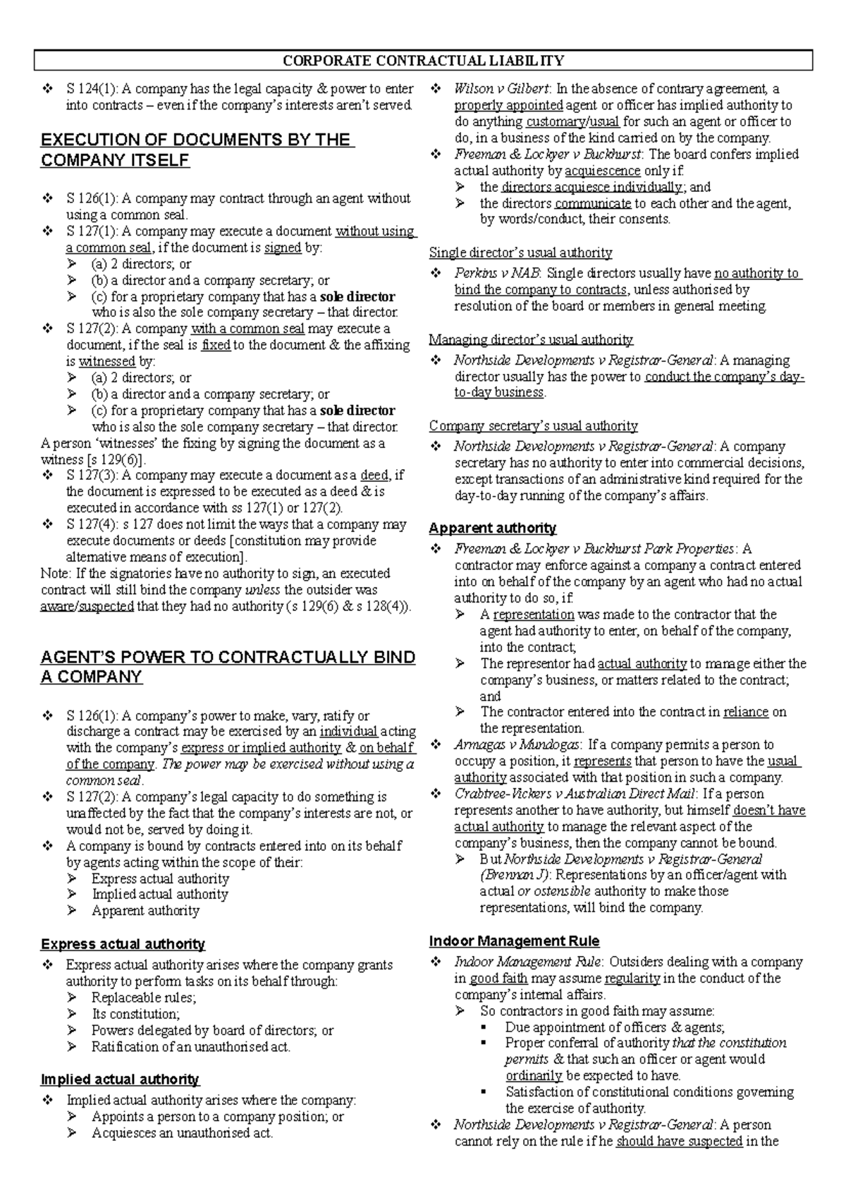 Corporate Law 3 - CORPORATE CONTRACTUAL LIABILITY S 124(1): A company ...