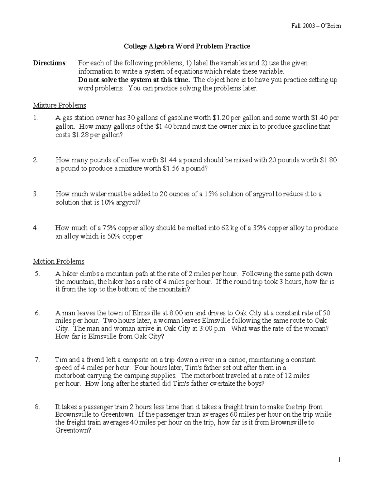 College Algebra Word Problems College Algebra Word Problem Practice