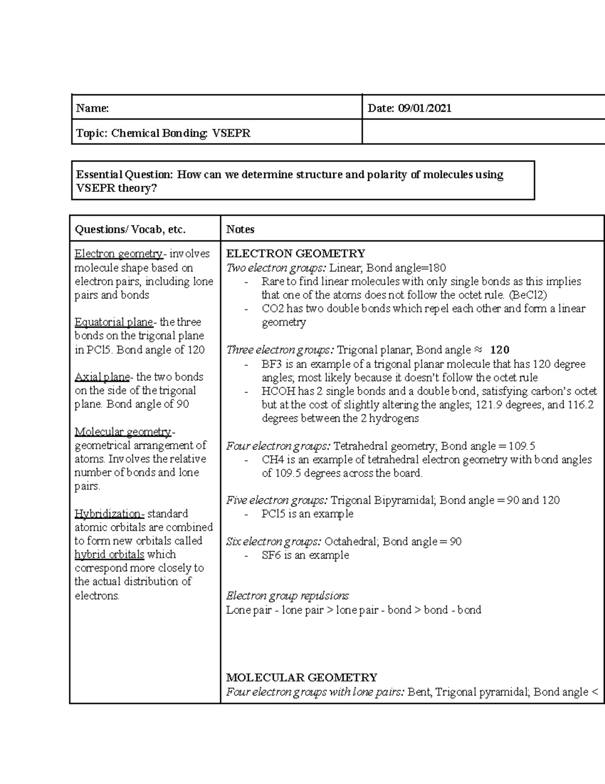 CHE 131 Notes 3 - Name: Date: 09/01/ Topic: Chemical Bonding: VSEPR ...