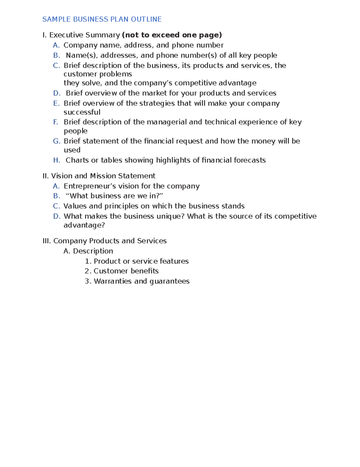 Business PLAN Outline - SAMPLE BUSINESS PLAN OUTLINE I. Executive ...