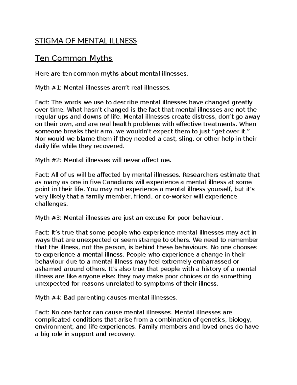 Myths of Mental Illness (2)(2)(1) - STIGMA OF MENTAL ILLNESS Ten Common ...