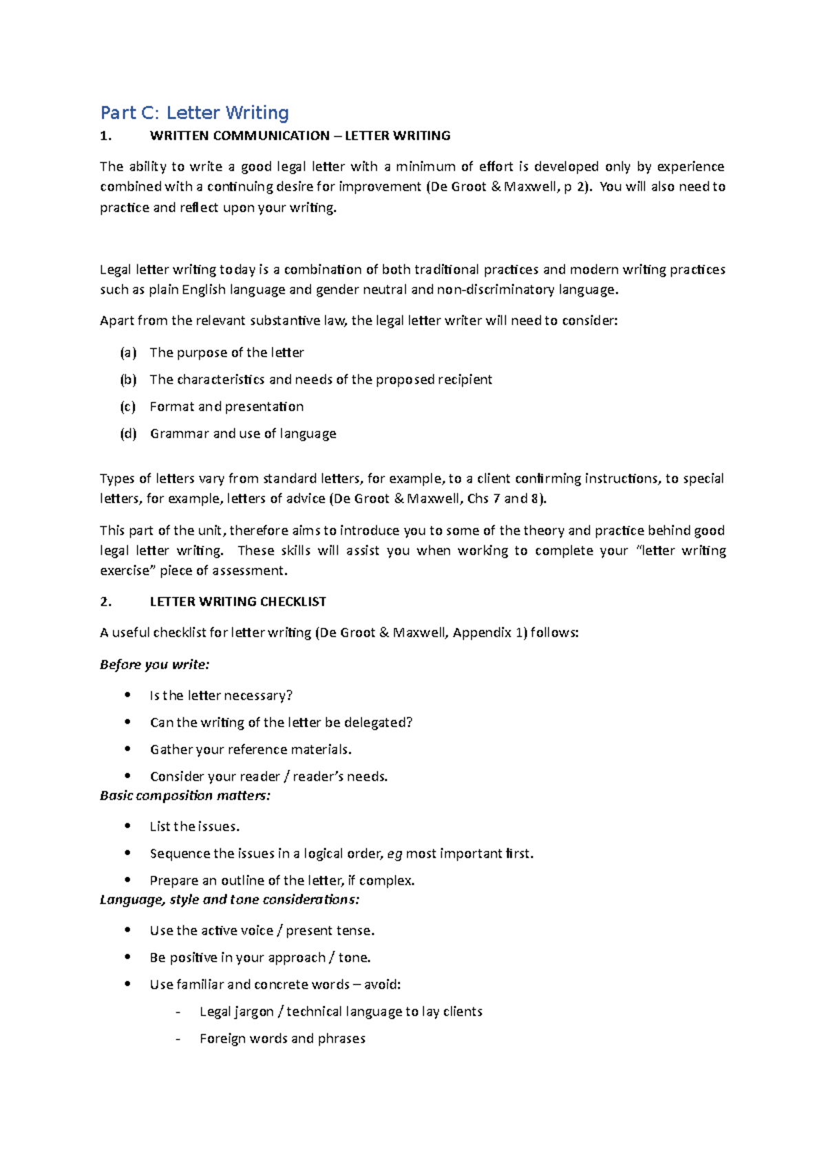 Letter Writting Notes - Part C: Letter Writing 1. WRITTEN COMMUNICATION ...