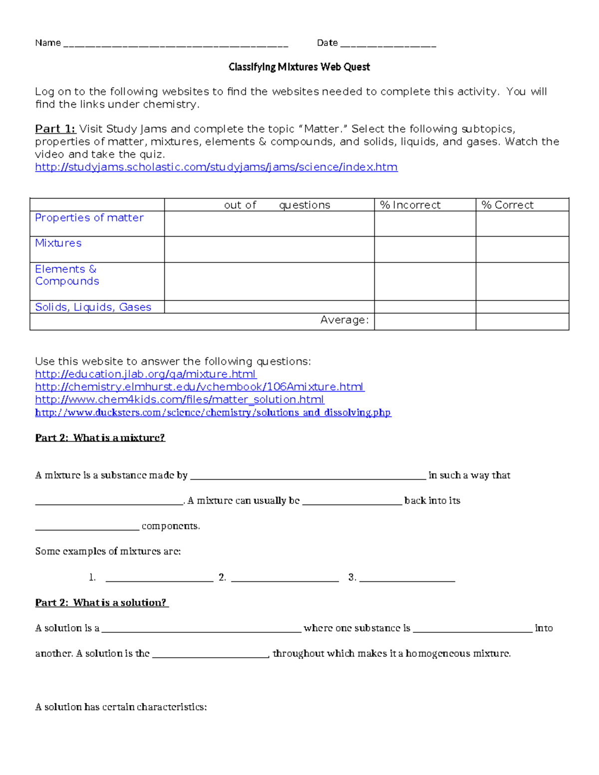 Chemistry webquest - answers - Name ...