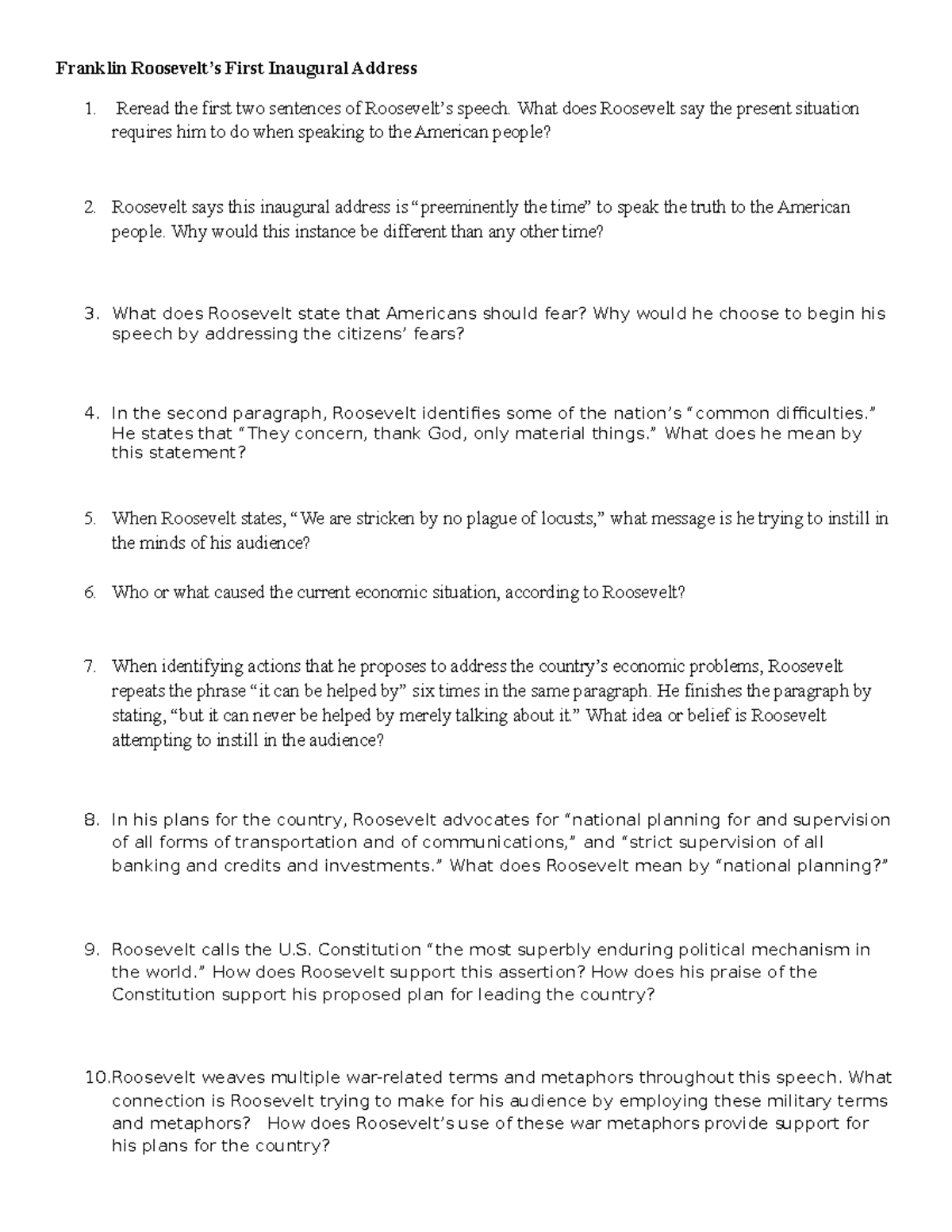 Franklin roosevelt-1st inaugural questions - CHIN 101 - Studocu