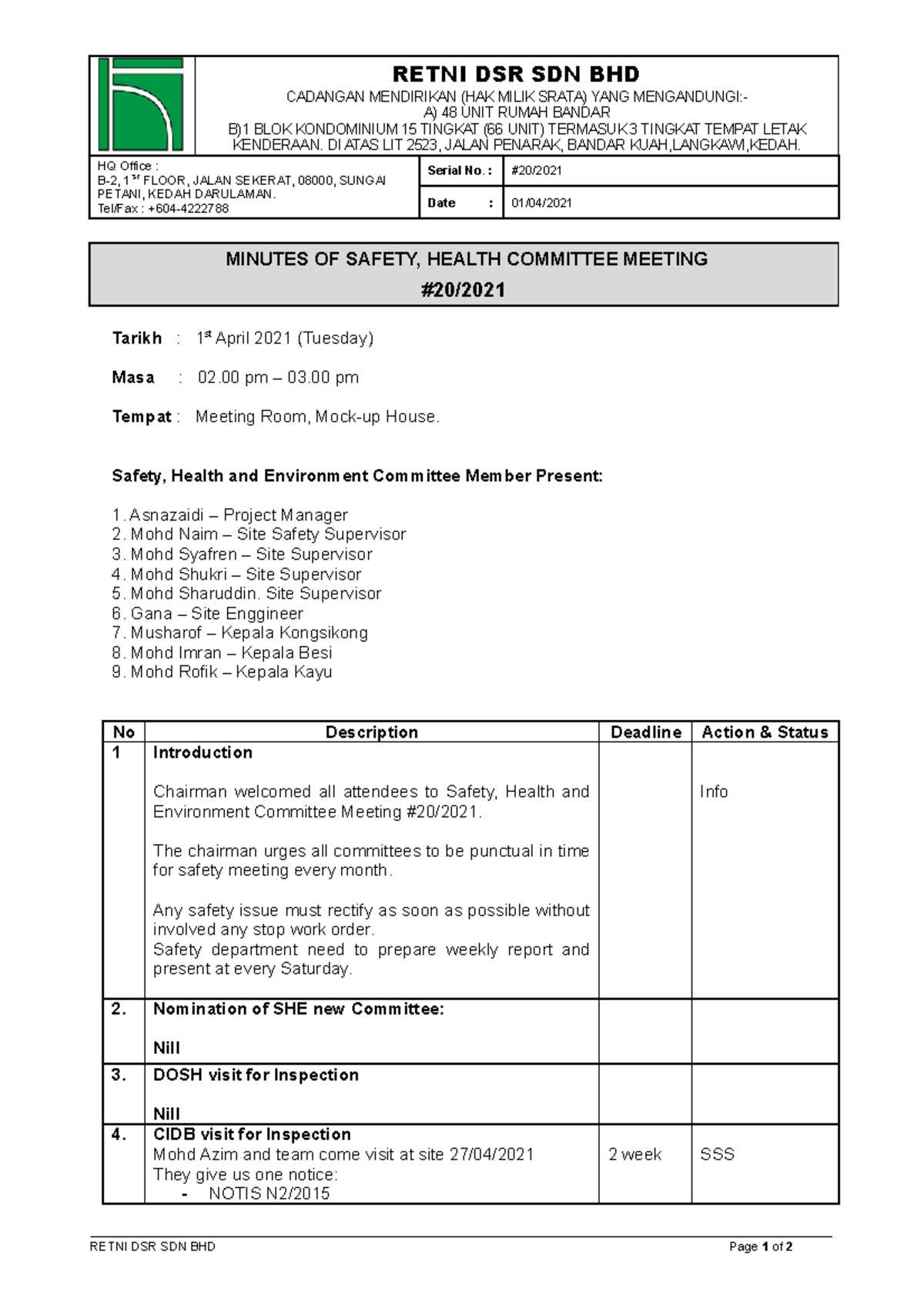 Example Minute Of Meeting - RETNI DSR SDN BHD CADANGAN MENDIRIKAN (HAK ...