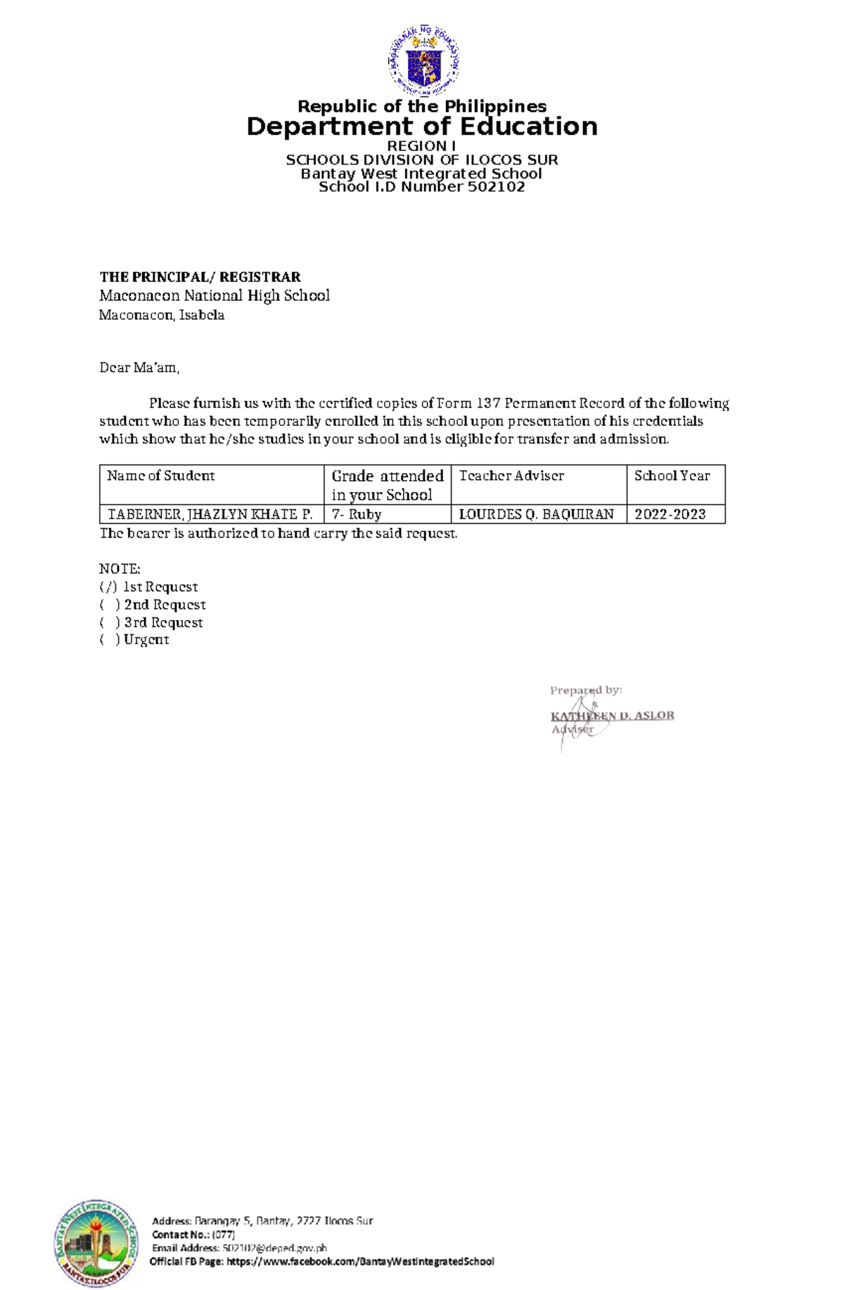 Request - n/a - Republic of the Philippines Department of Education ...