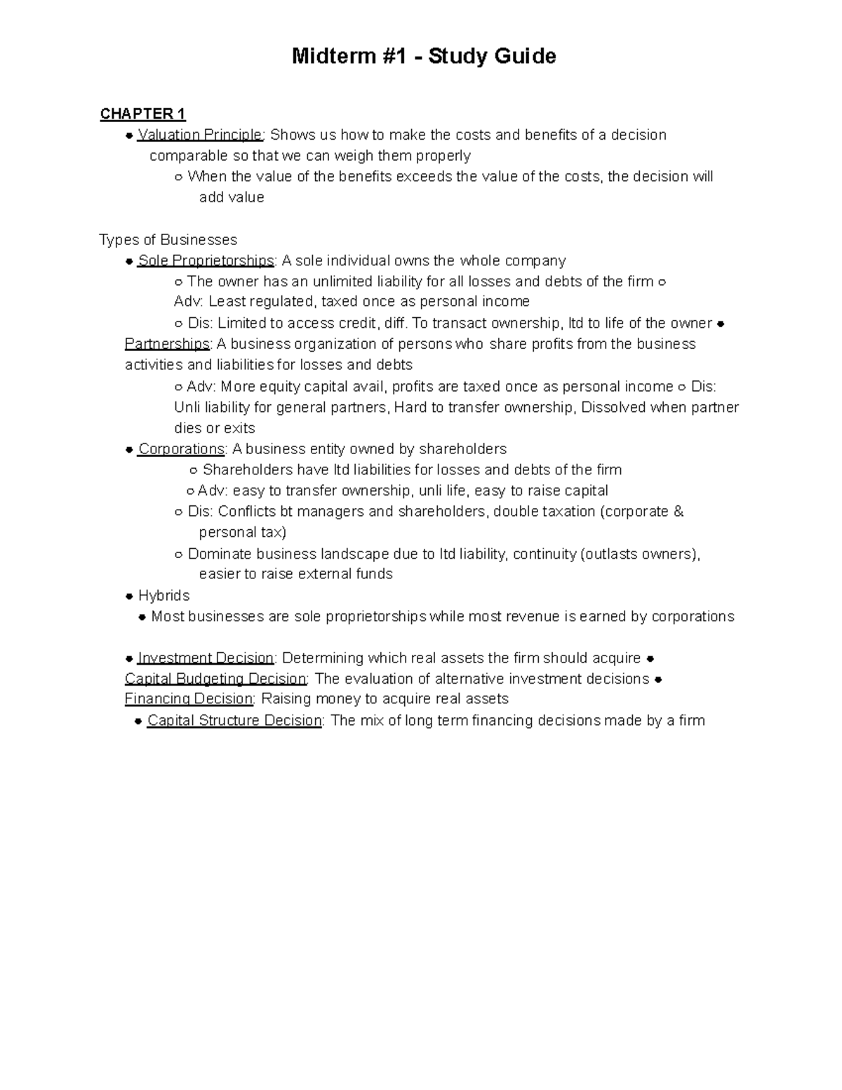 Finance Midterm 1 - Midterm #1 - Study Guide CHAPTER 1 Valuation ...