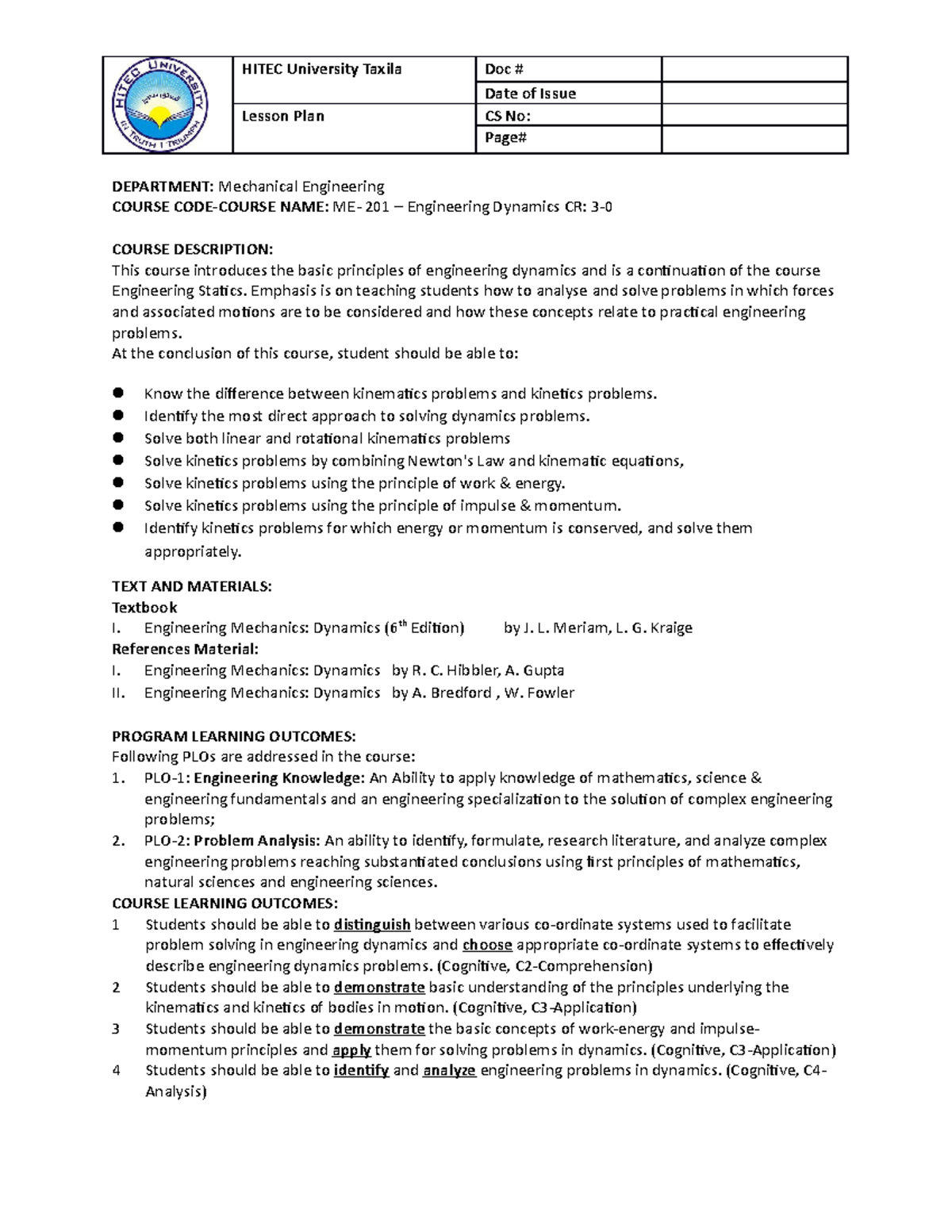 Lesson Plan Engg. Dynamics - HITEC University Taxila Lesson Plan Doc ...