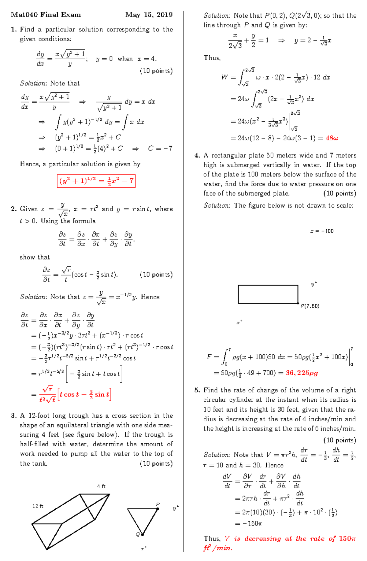 40 2018-2019 2nd final soln - Mat040 Final Exam May 15, 2019 1 a ...