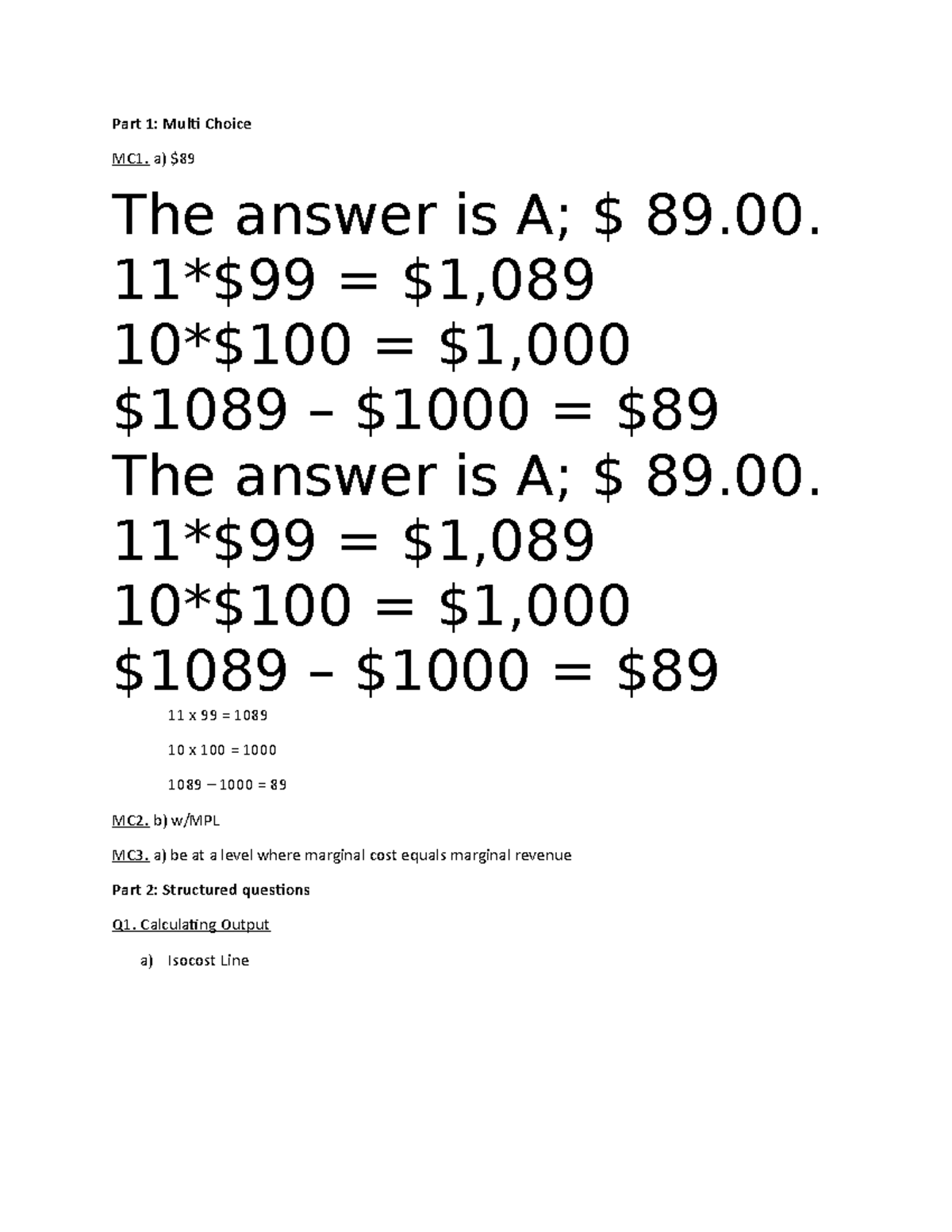 ECON130 Tutorial Exercise 4 - Part 1: Multi Choice MC1. a) $ The answer ...