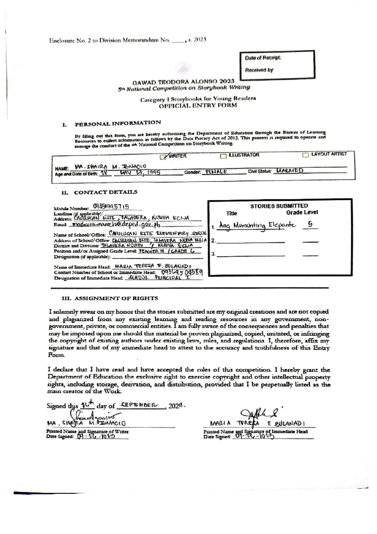 Scanned entry form - N.A - Enclosure No. 2 to Division Memorandum No ...