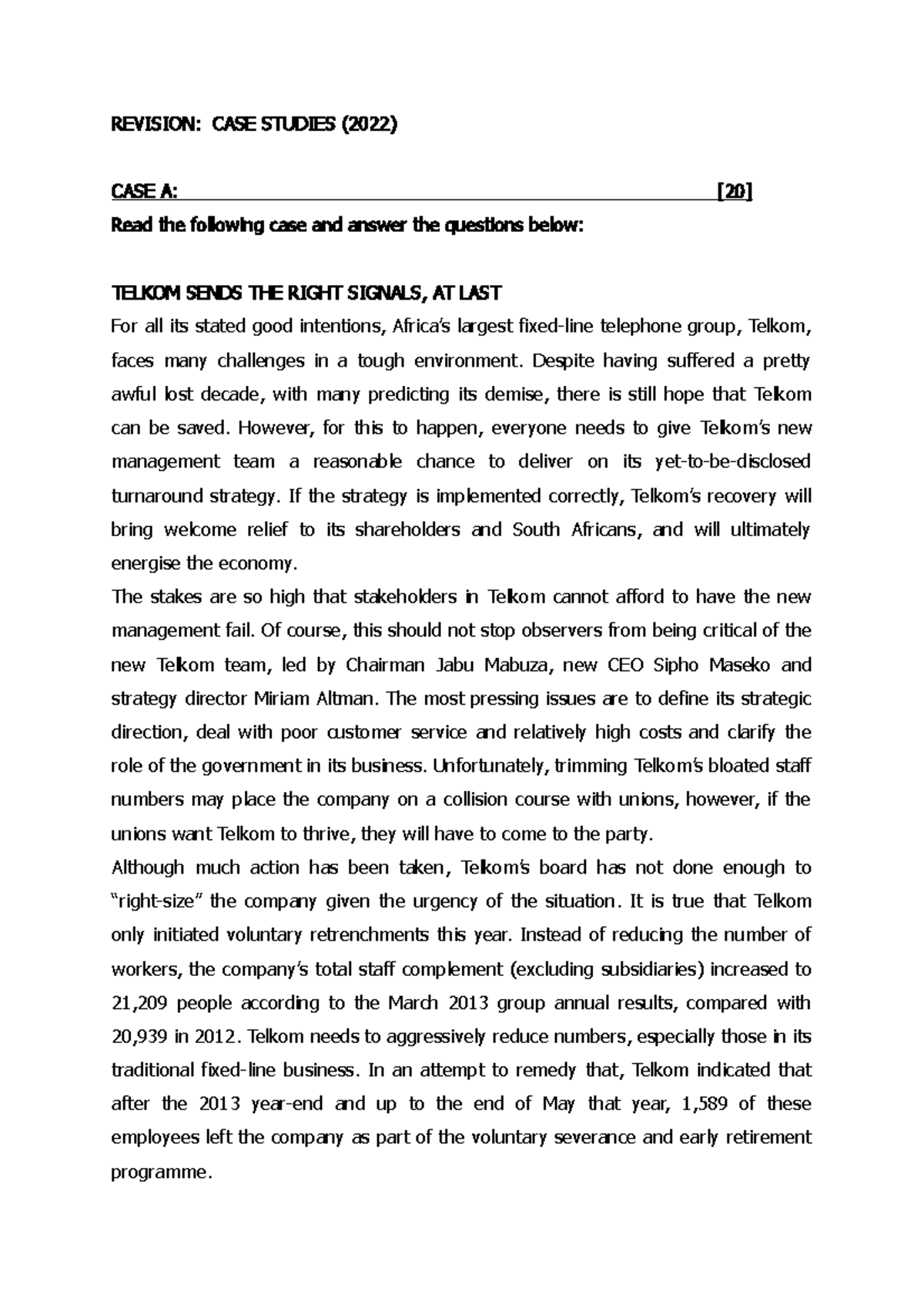 ENY107V Revision - Case Studies - REVISION: CASE STUDIES (2 022 ) CASE ...