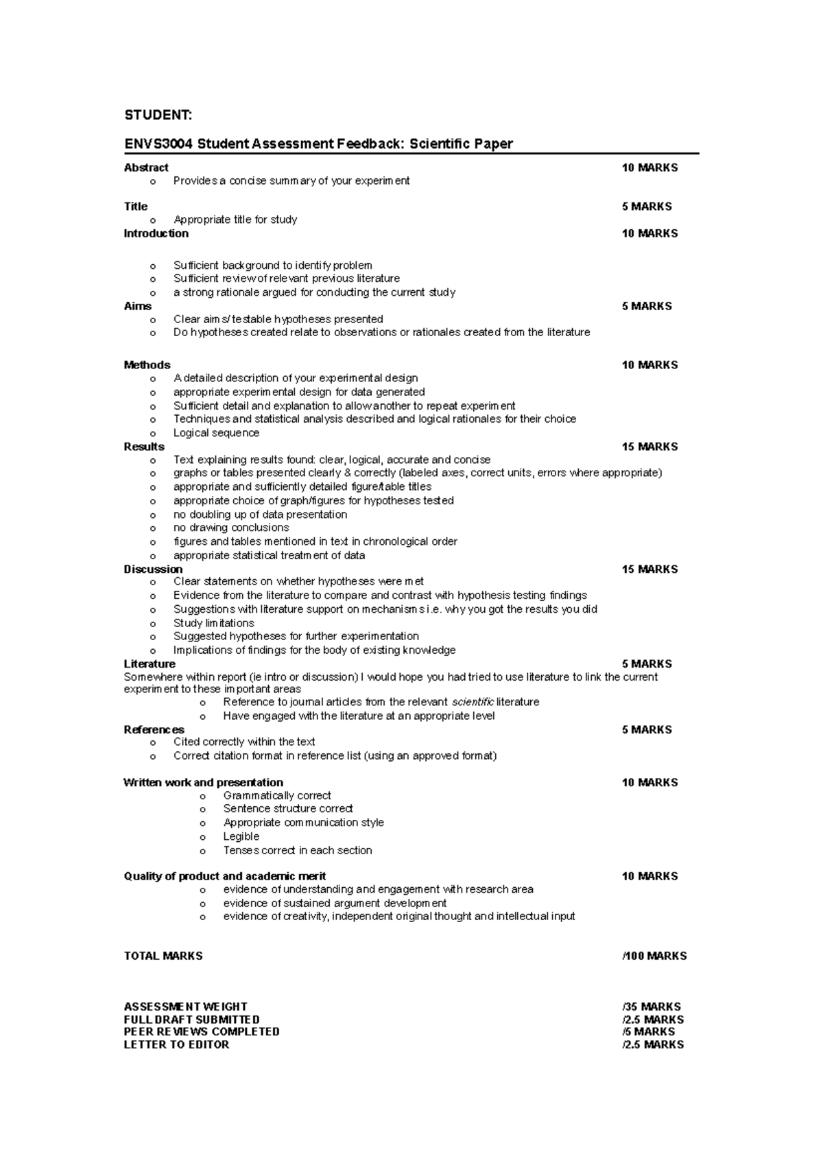 Assessment 2 marking criteria. - STUDENT: ENVS3004 Student Assessment ...