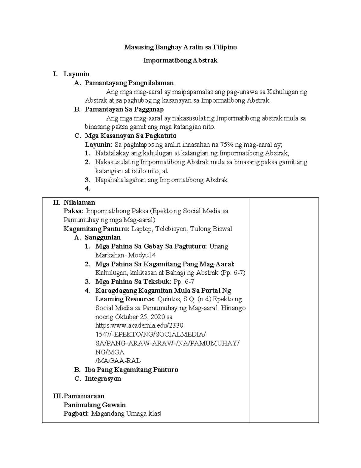 Impormatibong- Abstrak - Masusing Banghay Aralin sa Filipino ...