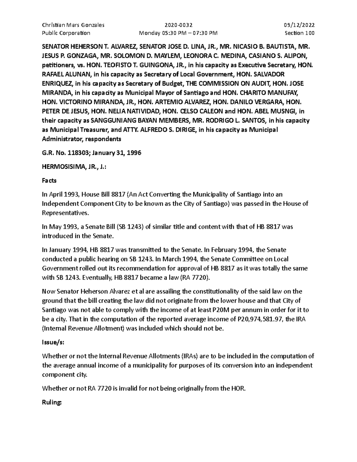 Case Digest 1 - Cases - Public Corporation Monday 05:30 PM – 07:30 PM ...