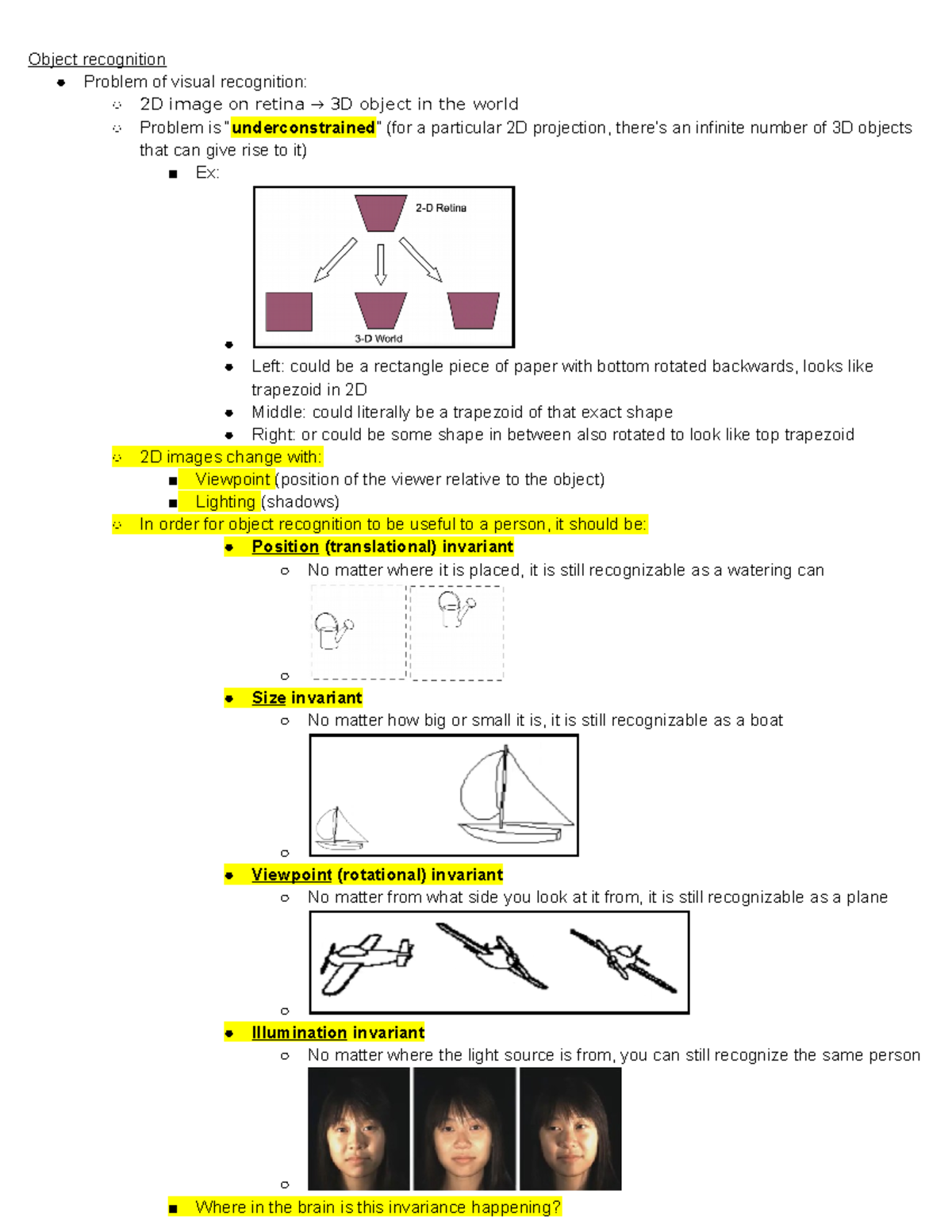 Week 9 - Lecture notes 9 - Object recognition Problem of visual ...