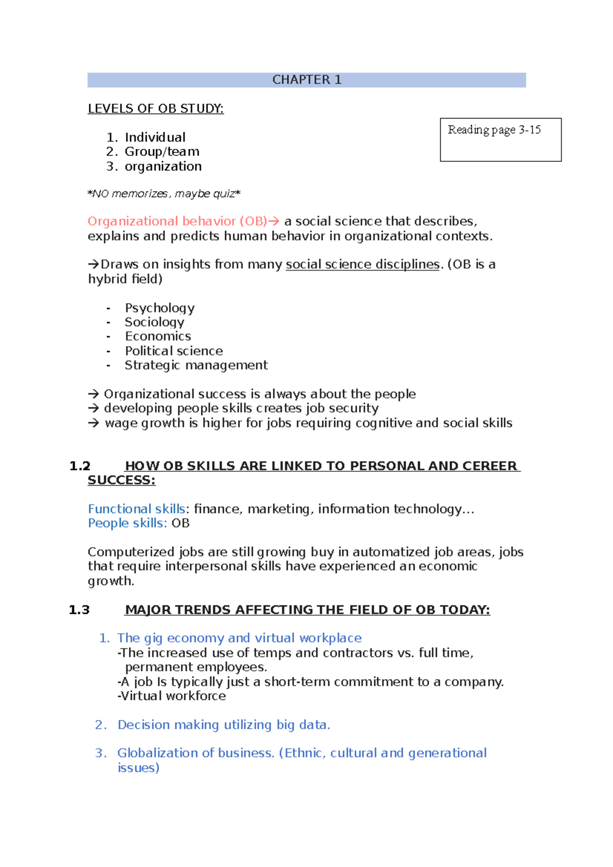 Notes chapter 1 - CHAPTER 1 LEVELS OF OB STUDY: Individual Group/team ...