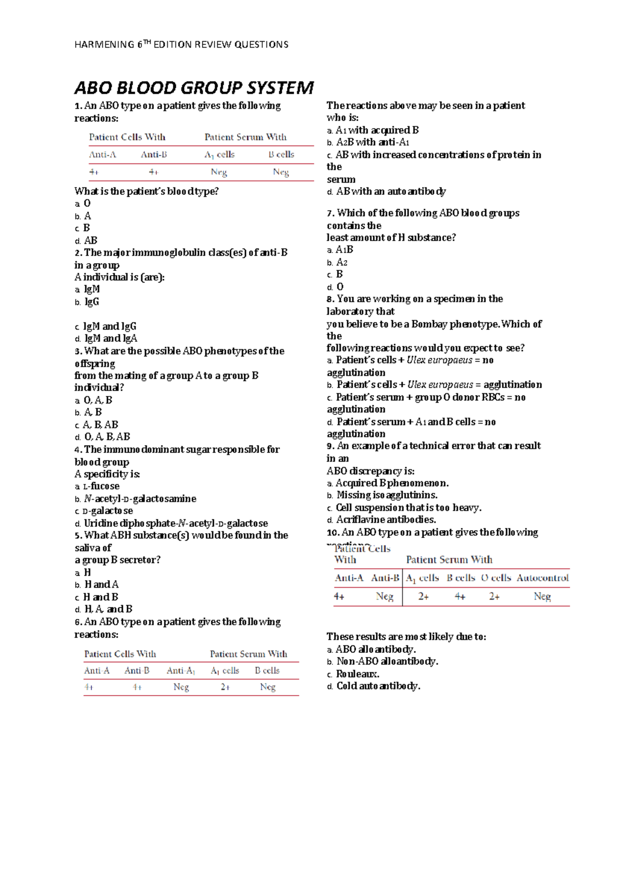 Harmening 6TH Edition Review Questions - ABO BLOOD GROUP SYSTEM 1. An ...