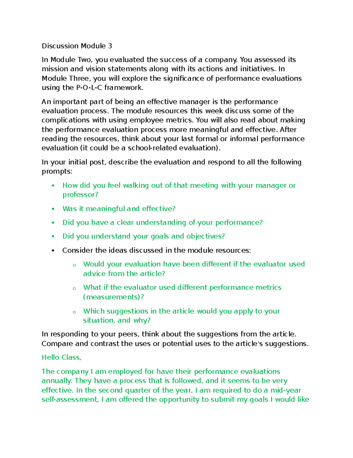 Discussion Module 3 - You assessed its mission and vision statements ...