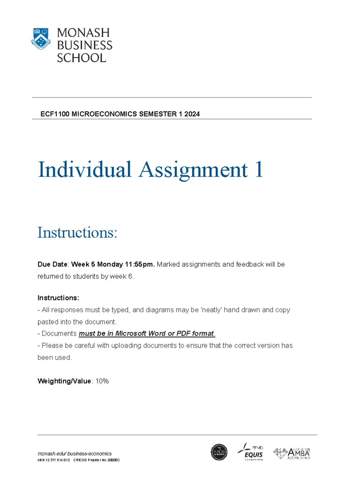 ECF1100 Individual Assignment 1 Sem 1 2024 - monash/ business-economics ...