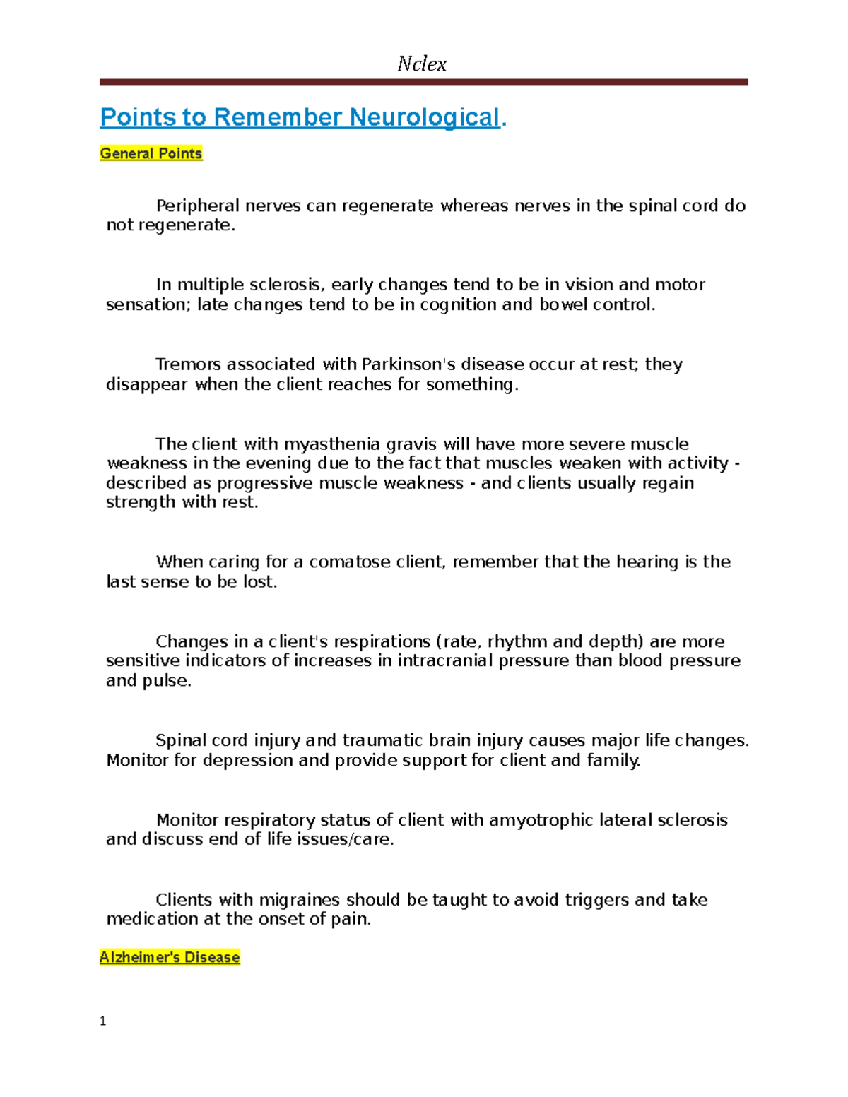 NCLEX study guide - Points to Remember Neurological. General Points ...