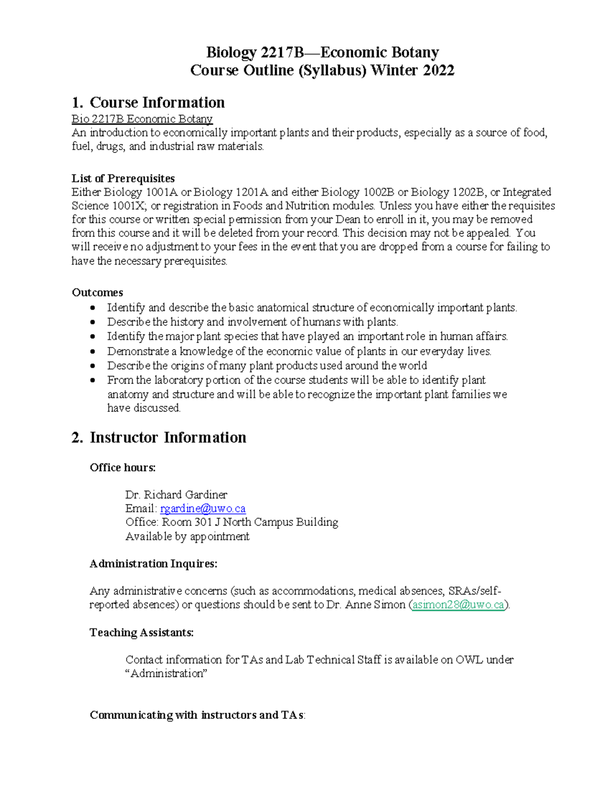 Course Outline B2217B 2022 - Biology 2217B—Economic Botany Course ...