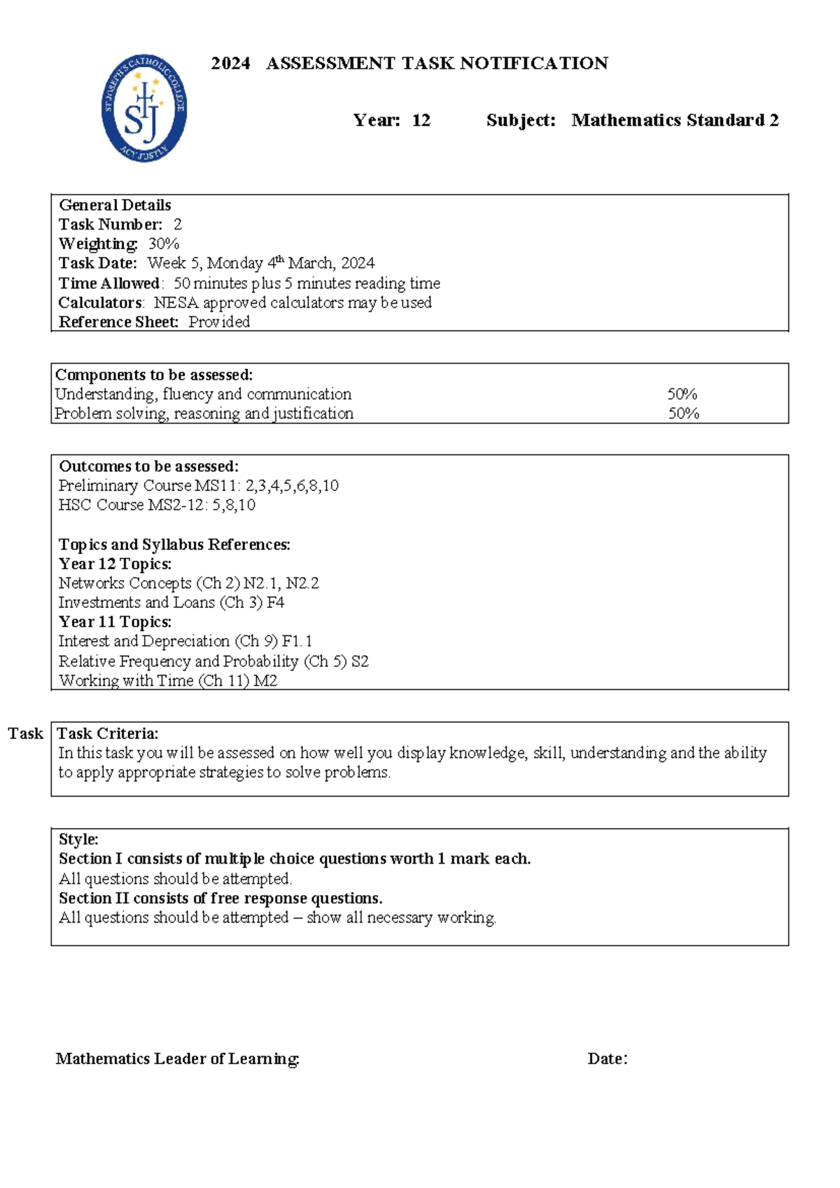 2024 12 Standard 2 Notification Task 2 - 2024 ASSESSMENT TASK ...