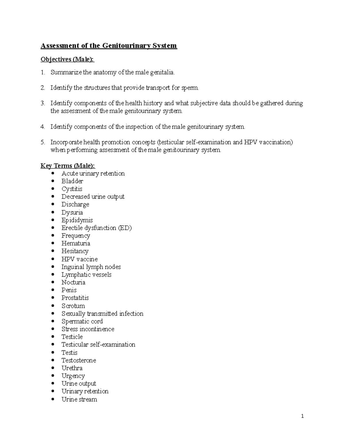 Assessment of the Genitourinary System Objectives and Key Terms 1 ...