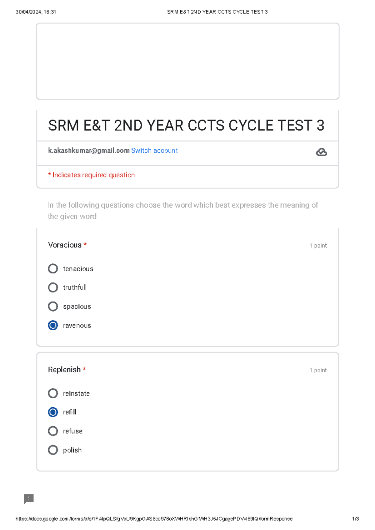 SRM E&T 2ND YEAR Casda CTS Cycle TEST 3 - In the following questions ...