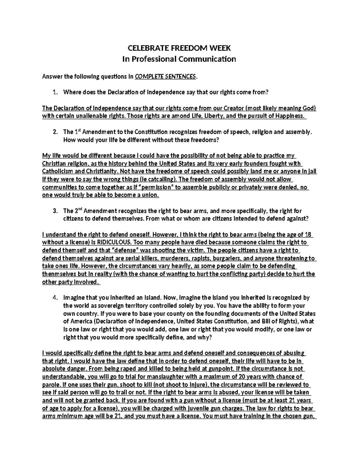 Celebrate Freedom Week Assignment - CELEBRATE FREEDOM WEEK In ...