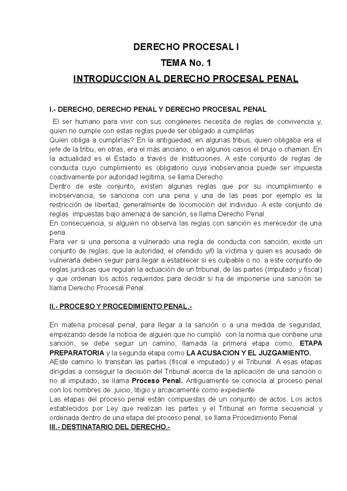 TEMA 1 Introduccion AL D. Procesal Penal - DERECHO PROCESAL I TEMA No. 1 INTRODUCCION AL DERECHO ...