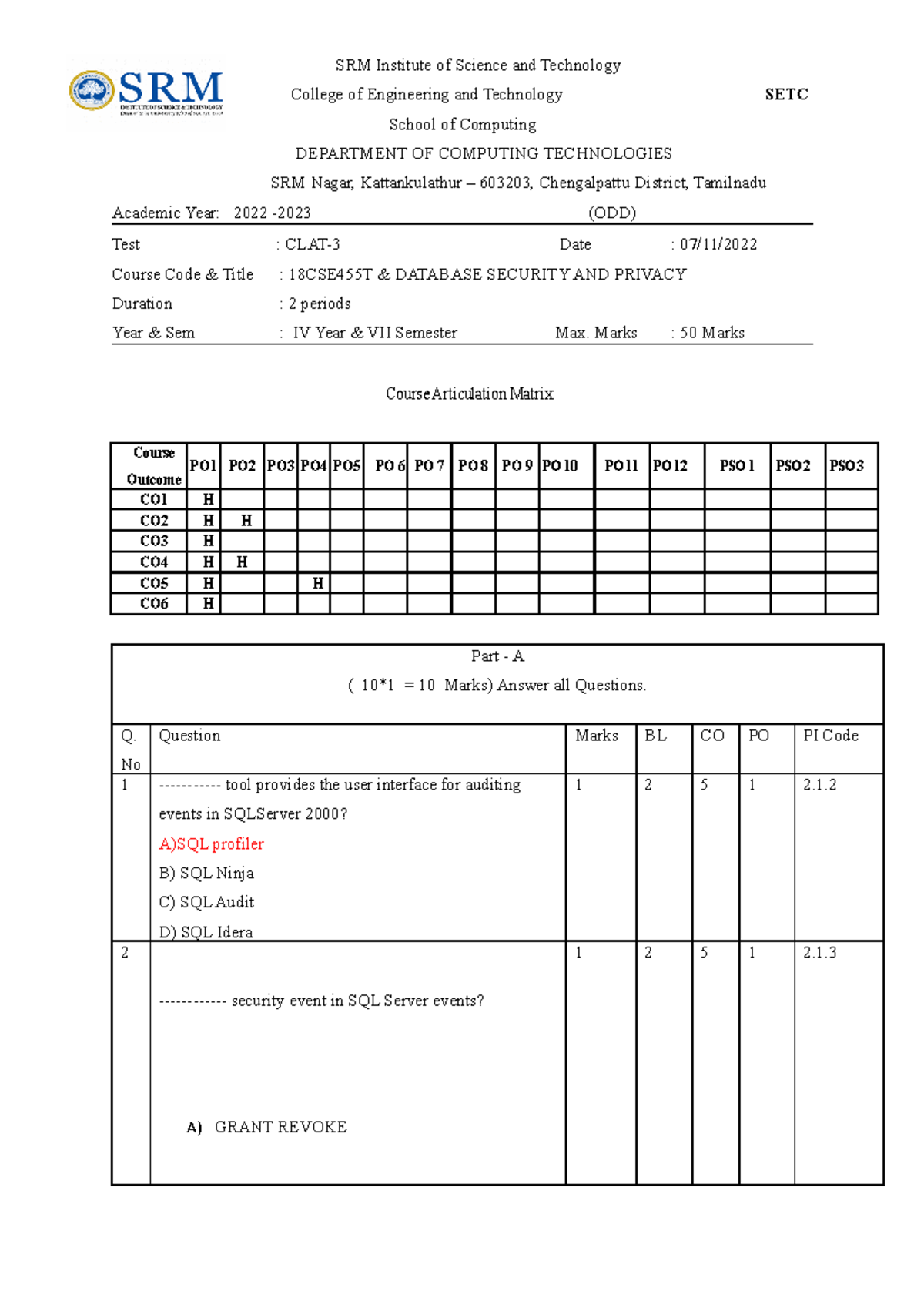 Ct3 Set C Answer Key Srm Institute Of Science And Technology College Of Engineering And