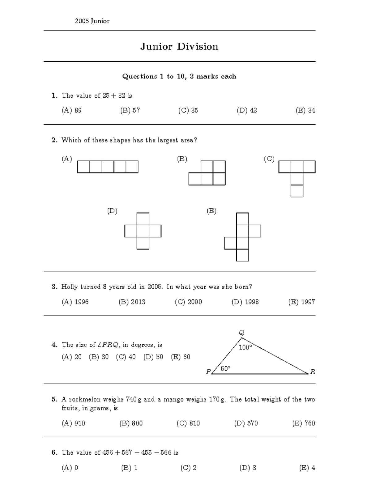 Australian Mathematics Competition 2005 Junior - Junior Division ...