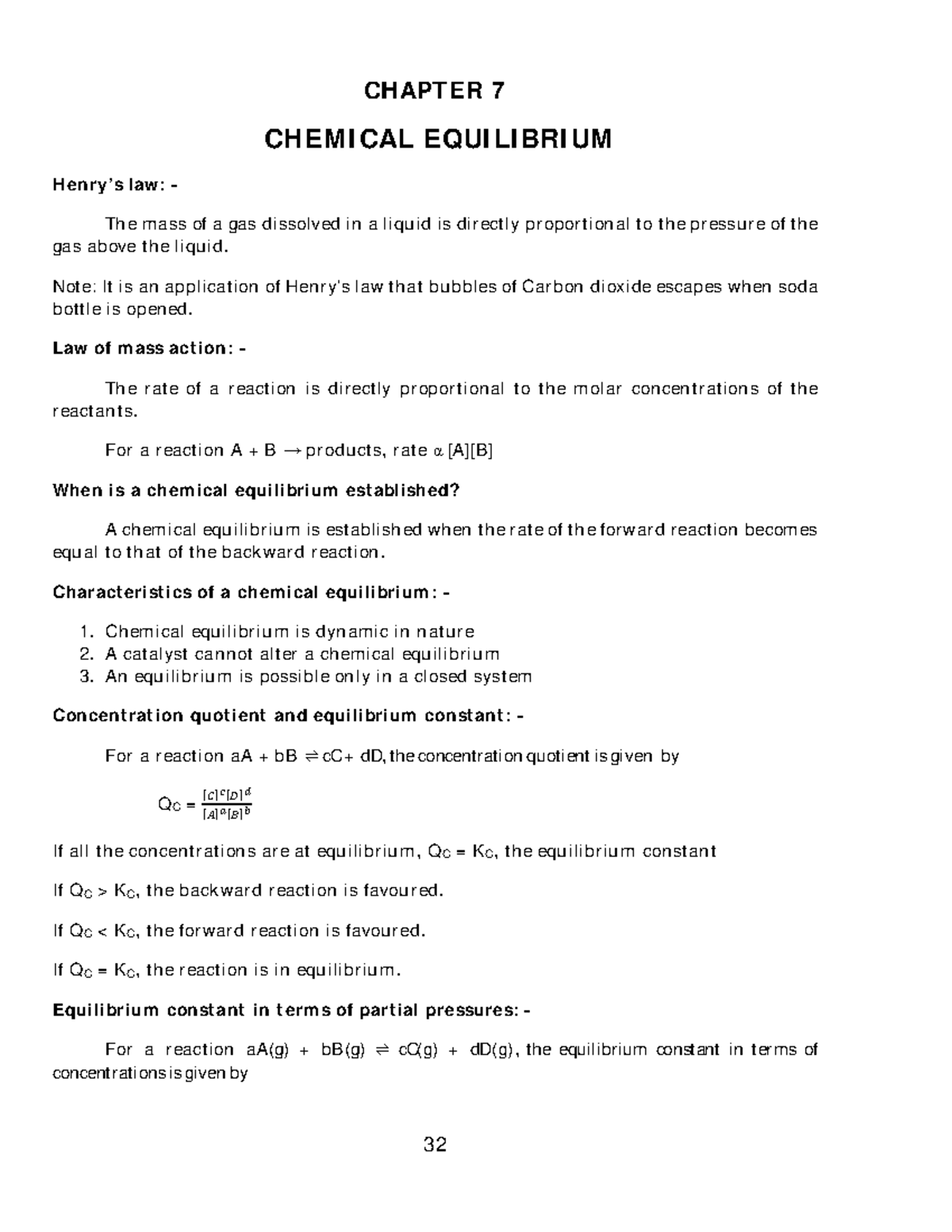 Chemistry chapter 7 - Lecture notes - CH APT ER 7 CH EM I CAL EQUI LI ...