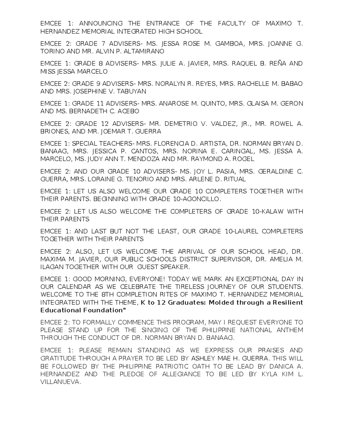 Script FOR Completion - EMCEE 1: ANNOUNCING THE ENTRANCE OF THE FACULTY ...