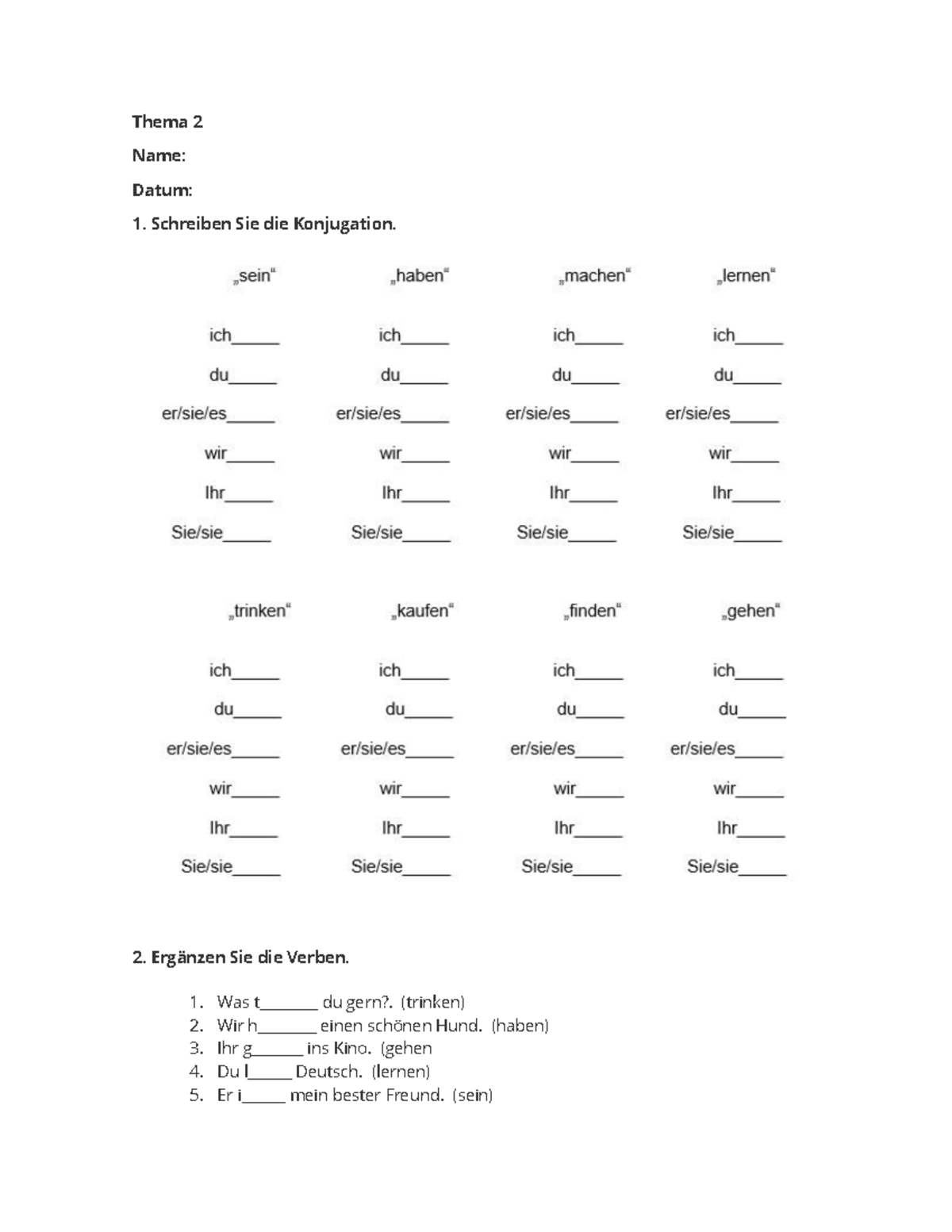 Thema 2 - Actividad tema 2 de aleman - Thema 2 Name: Datum: 1 ...