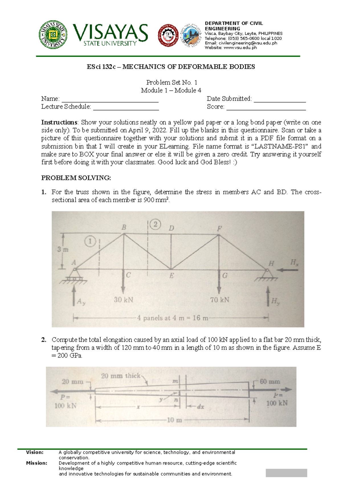 Problem Set 1 - dynamics - DEPARTMENT OF CIVIL ENGINEERING Visca ...
