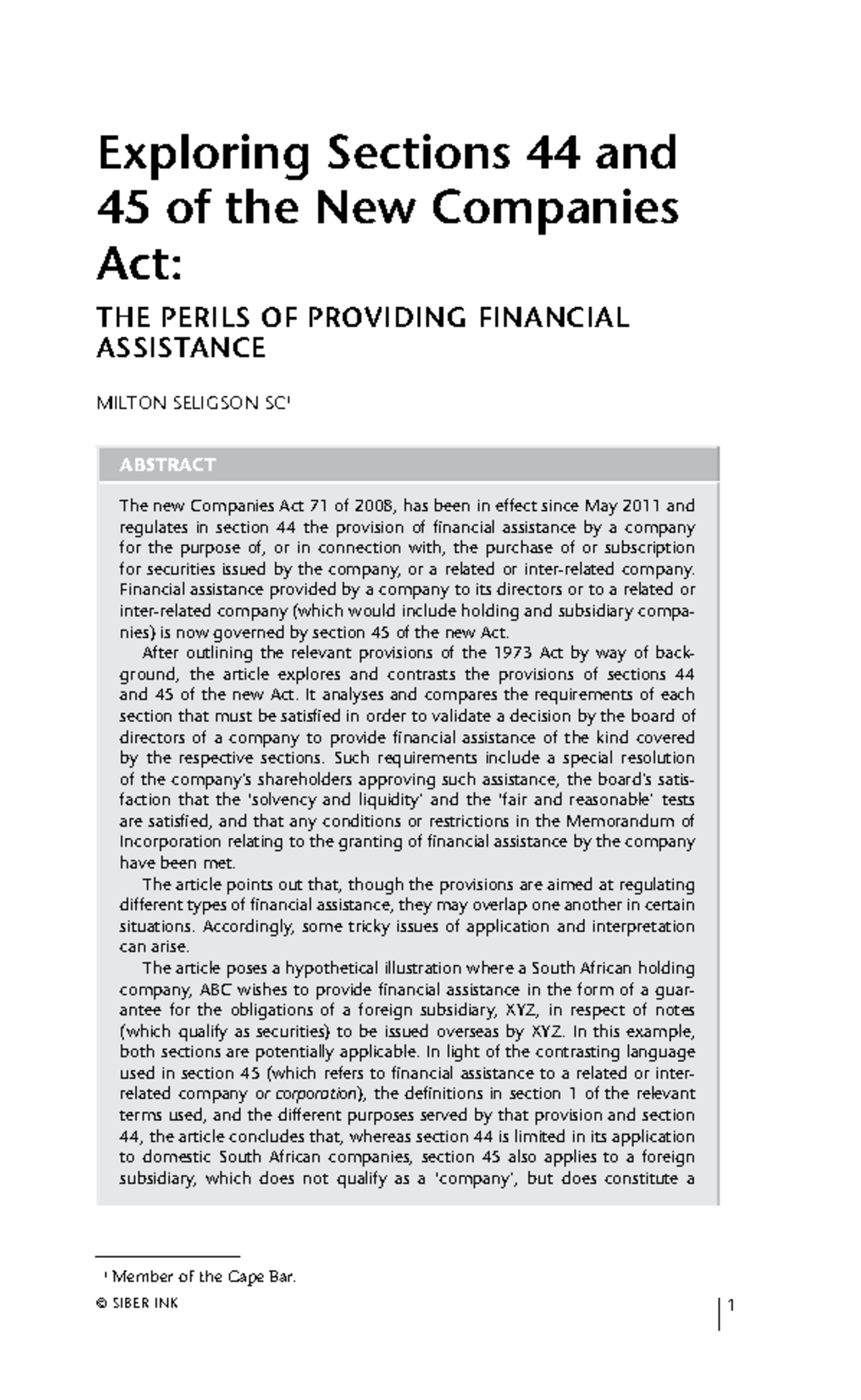 Seligson 2013 exploring sections 44 and 45 of the new companies act the perils of providing ...