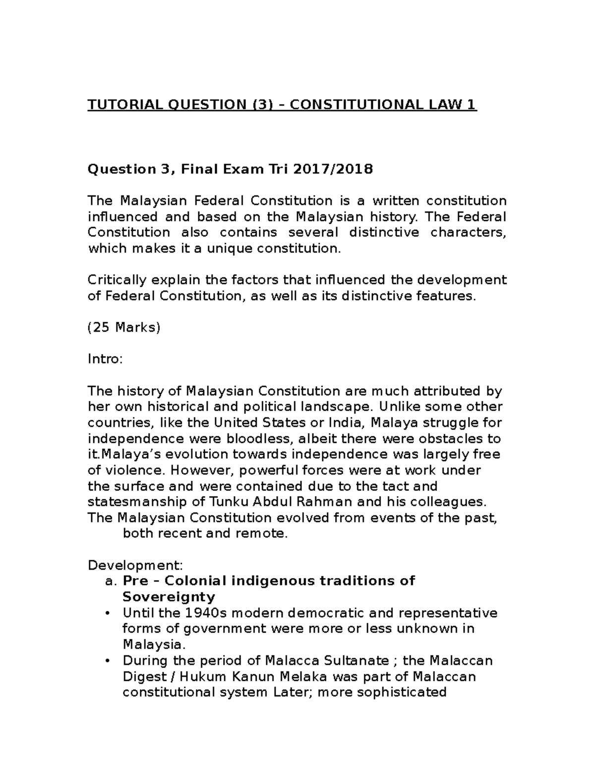 Tutorial Question - TUTORIAL QUESTION (3) – CONSTITUTIONAL LAW 1 Question 3, Final Exam Tri 2017 ...