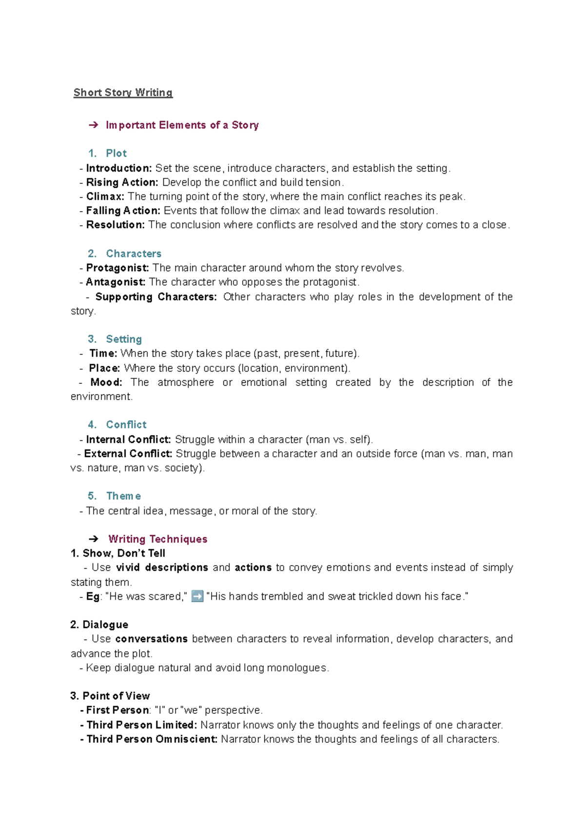 Story Writing Cheat Sheet - Short Story Writing Important Elements of a ...