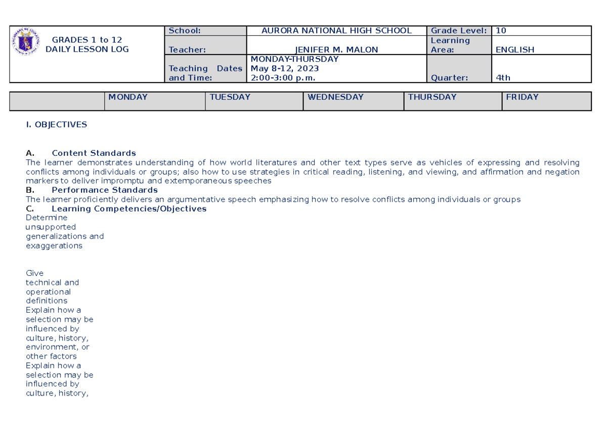 2 - Daily Learning Plan - GRADES 1 to 12 DAILY LESSON LOG School ...