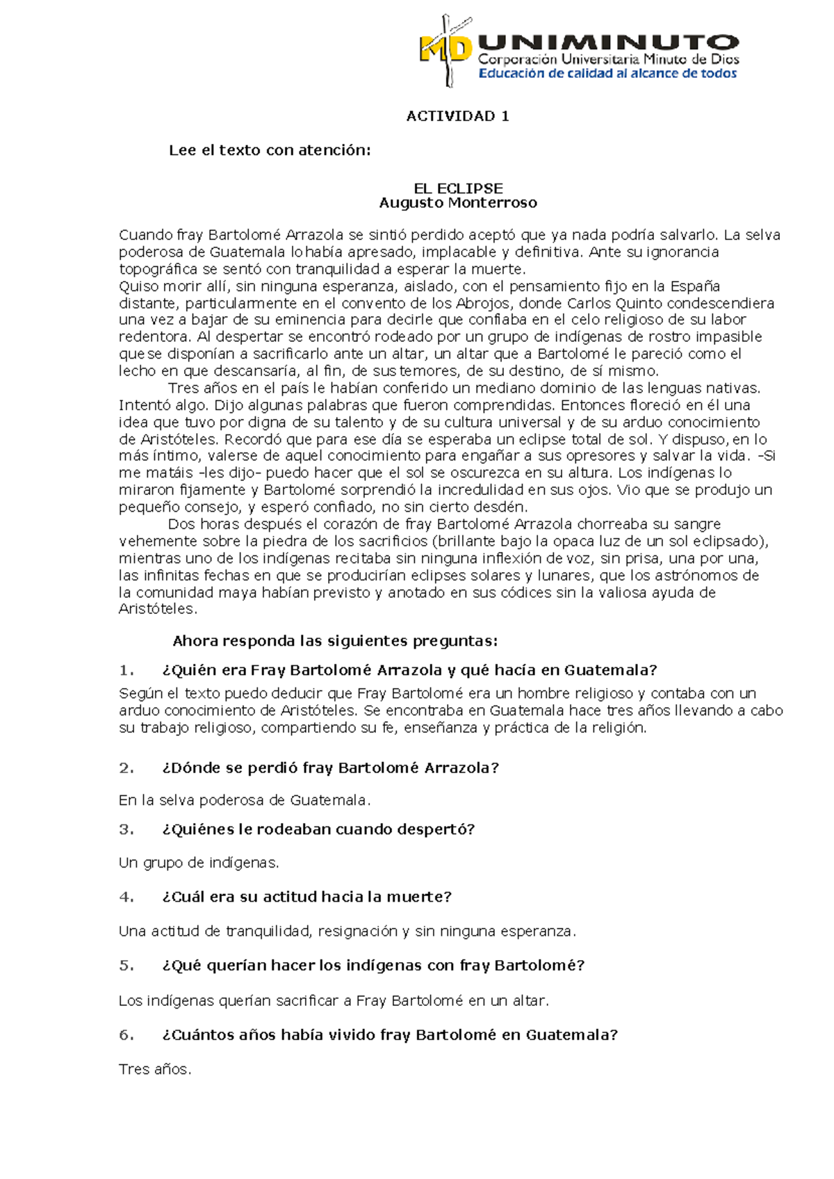 Taller - Niveles de lectura - ACTIVIDAD 1 Lee el texto con atención: EL ...