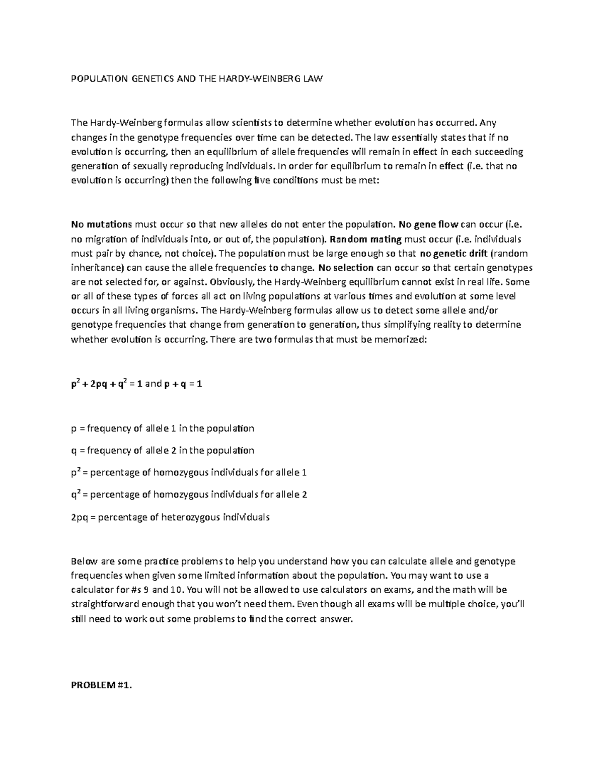 Hardy-Wienberg practice probelms - POPULATION GENETICS AND THE HARDY ...