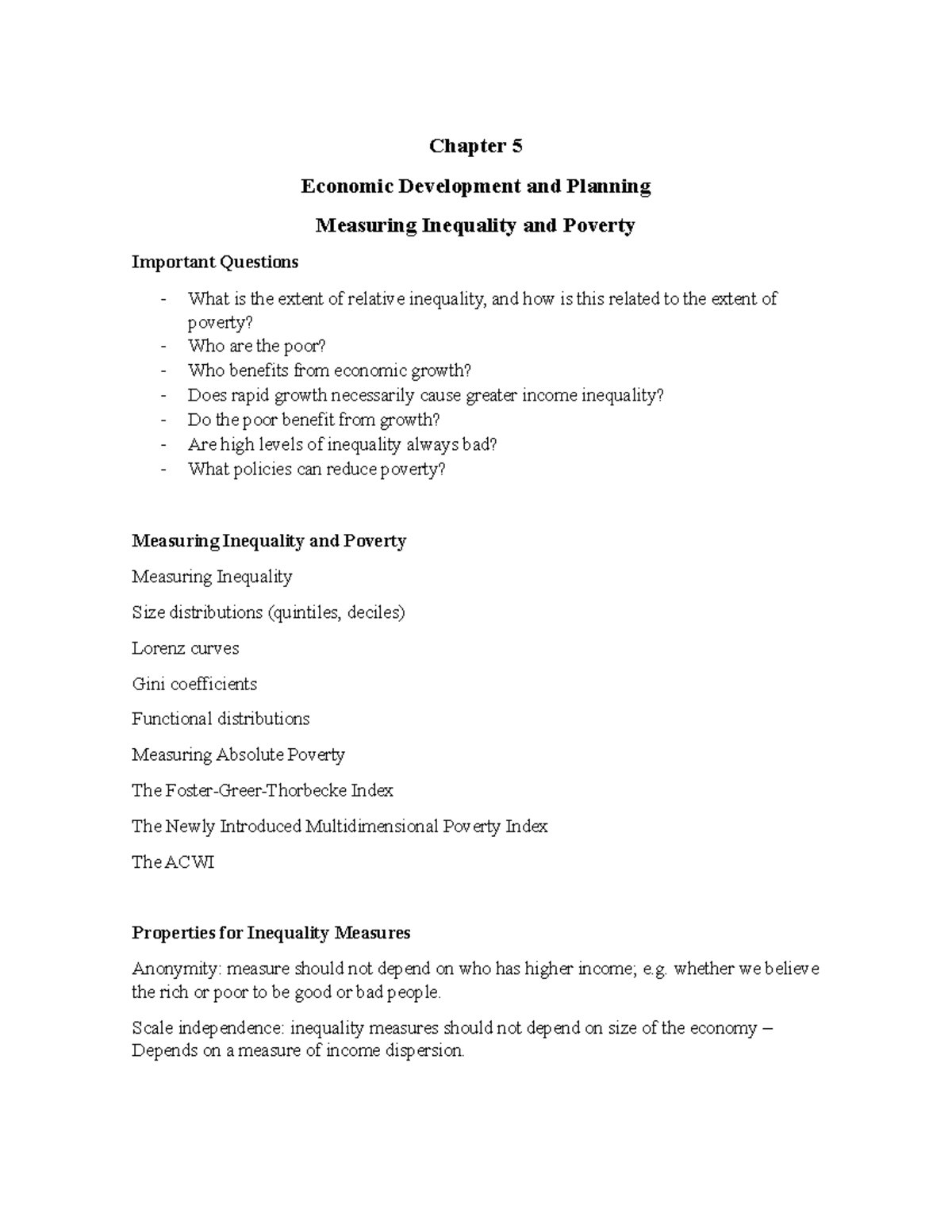 Measuring Inequality and Poverty - Chapter 5 Economic Development and ...