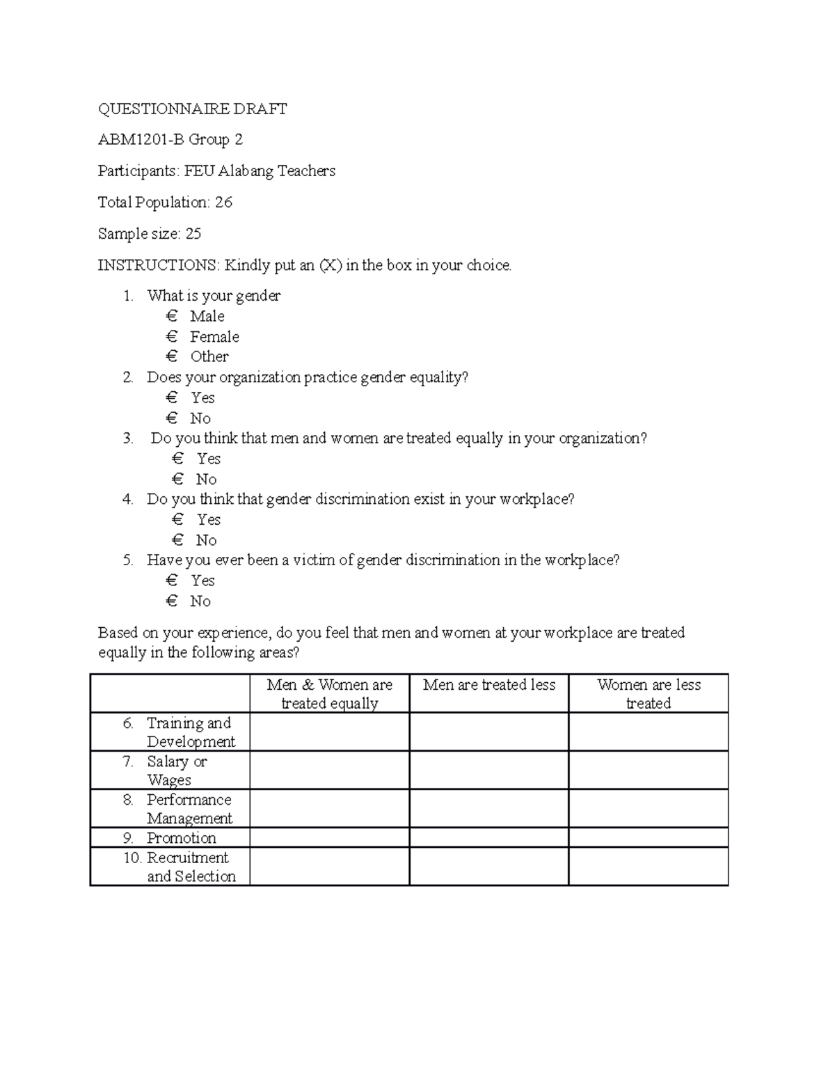 Questionnaire- Draft - QUESTIONNAIRE DRAFT ABM1201-B Group 2 ...