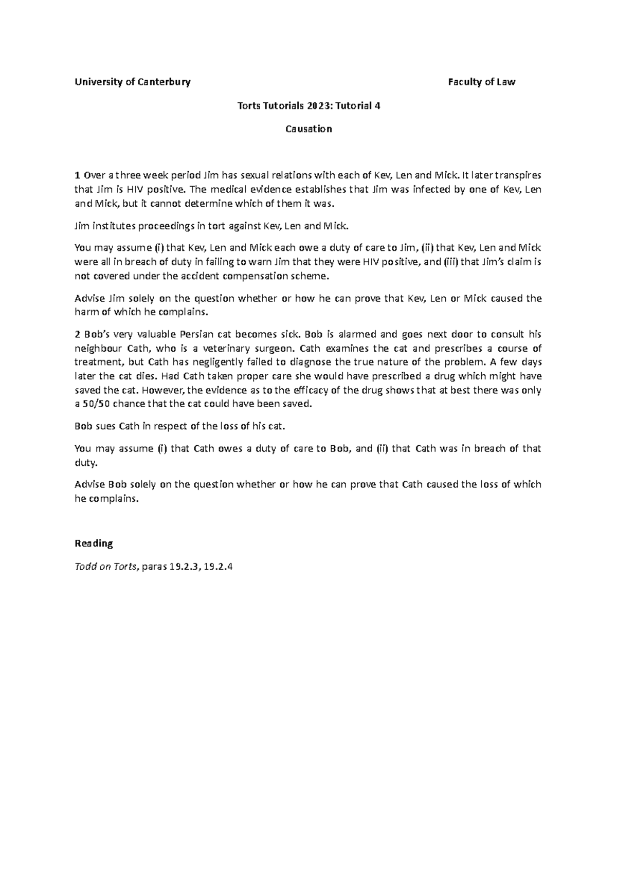 Tutorial 4 - University of Canterbury Faculty of Law Torts Tutorials ...