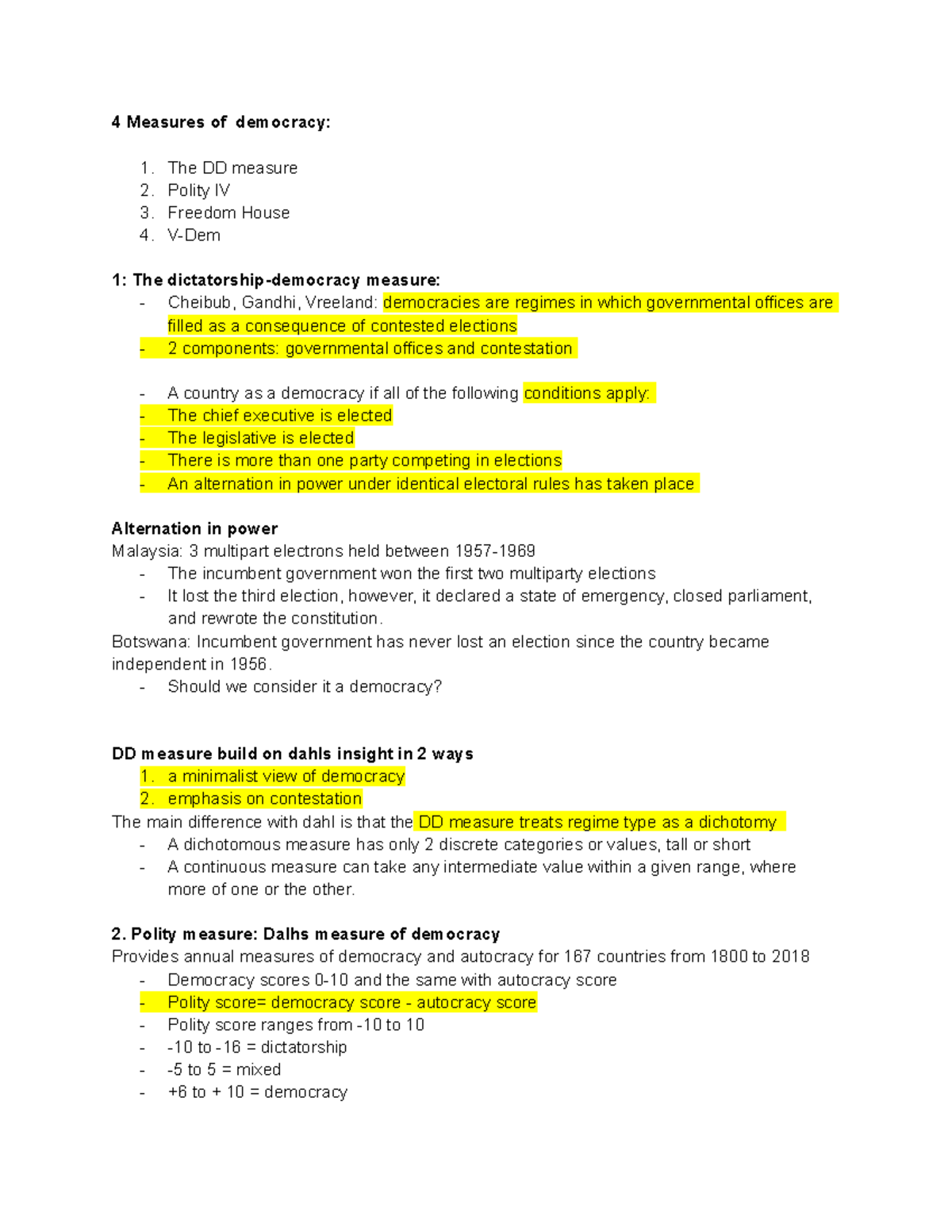 Polisci module 3 pt 2 - 4 Measures of democracy: The DD measure Polity ...