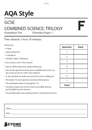 AQA GCSE Combined Science Chemistry Paper 1 Foundation Mark Scheme - F ...